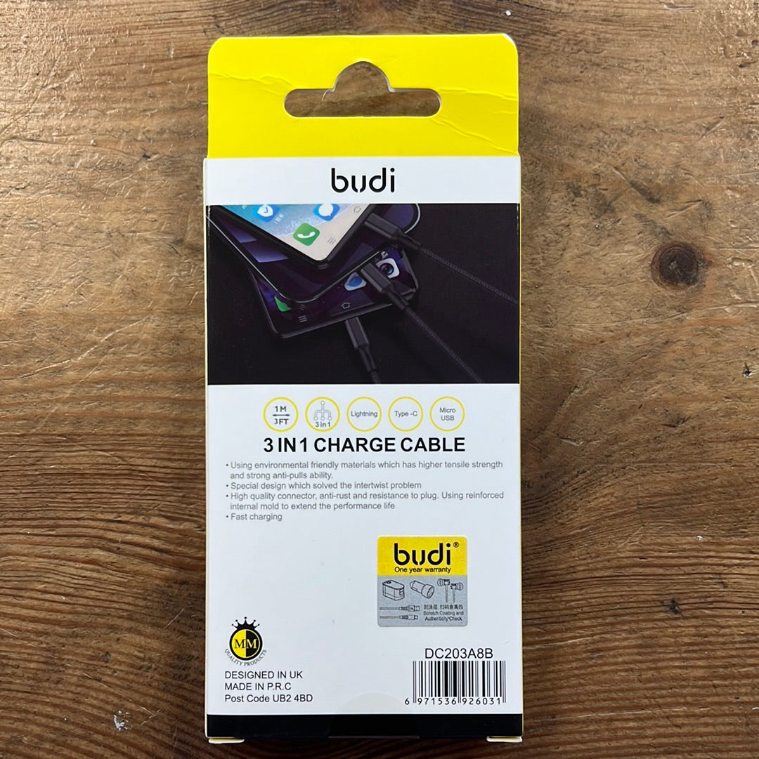 Budi Cable 1M 3 in 1 Braided Micro,Lightening & Type C – Simtek World